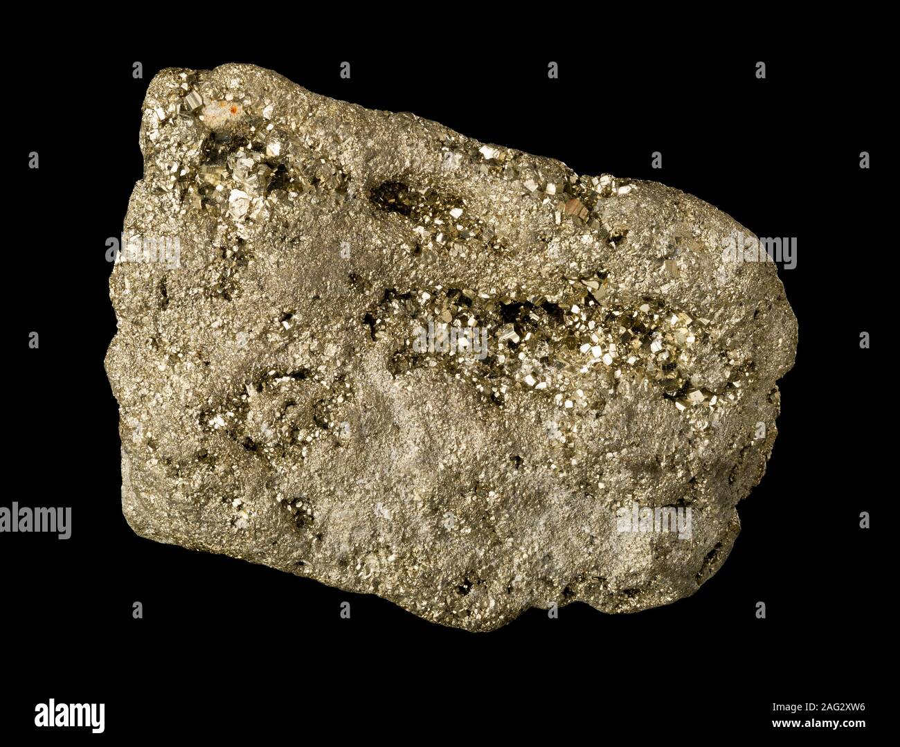 Pyrite (FeS2) crystals from Peru isolated on black background Stock ...