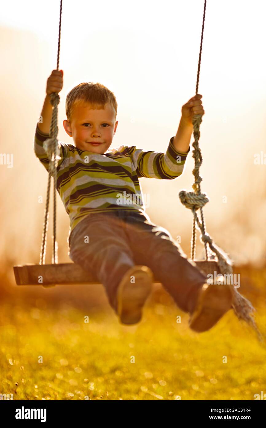 Little boy playing on the tree swing Stock Photo - Alamy