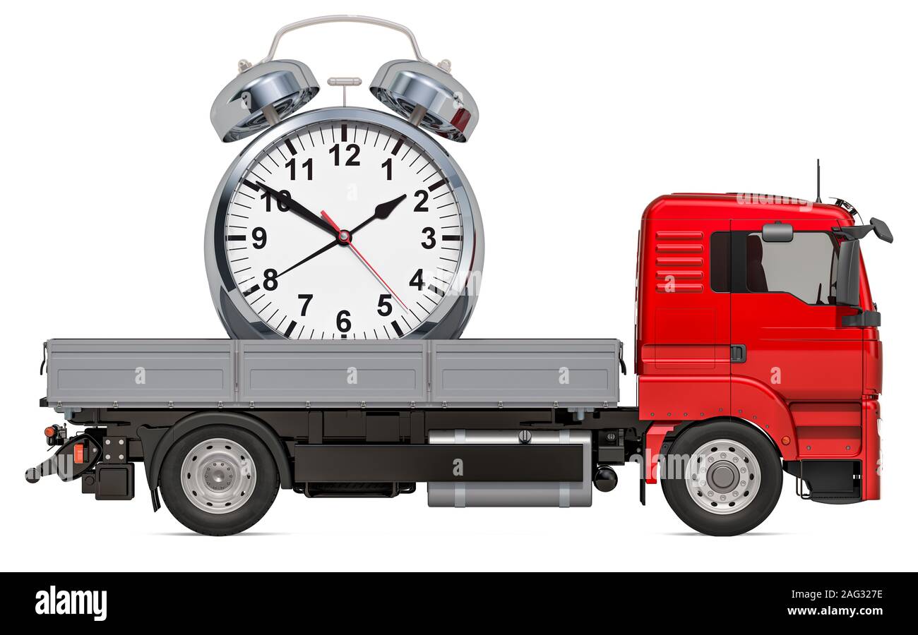 Truck with alarm clock. Fast delivery concept, 3D rendering isolated on ...