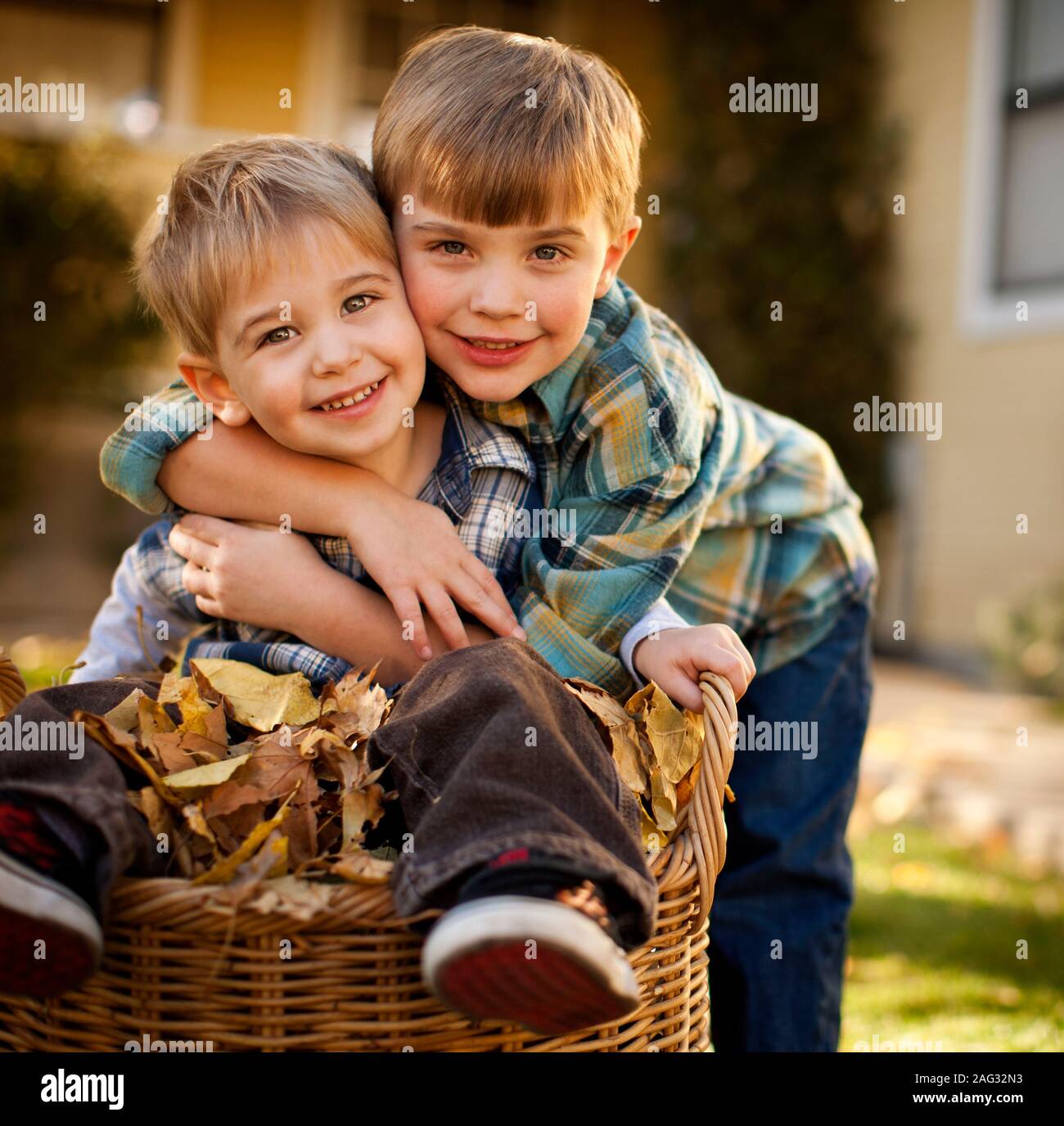 Boy hugging his little brother as he sits on basket of leaves Stock ...