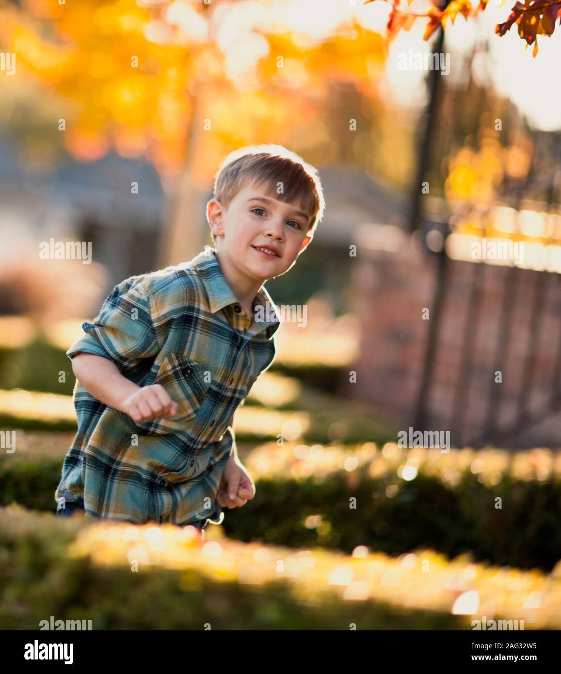 Portrait of boy having fun in the backyard Stock Photo - Alamy