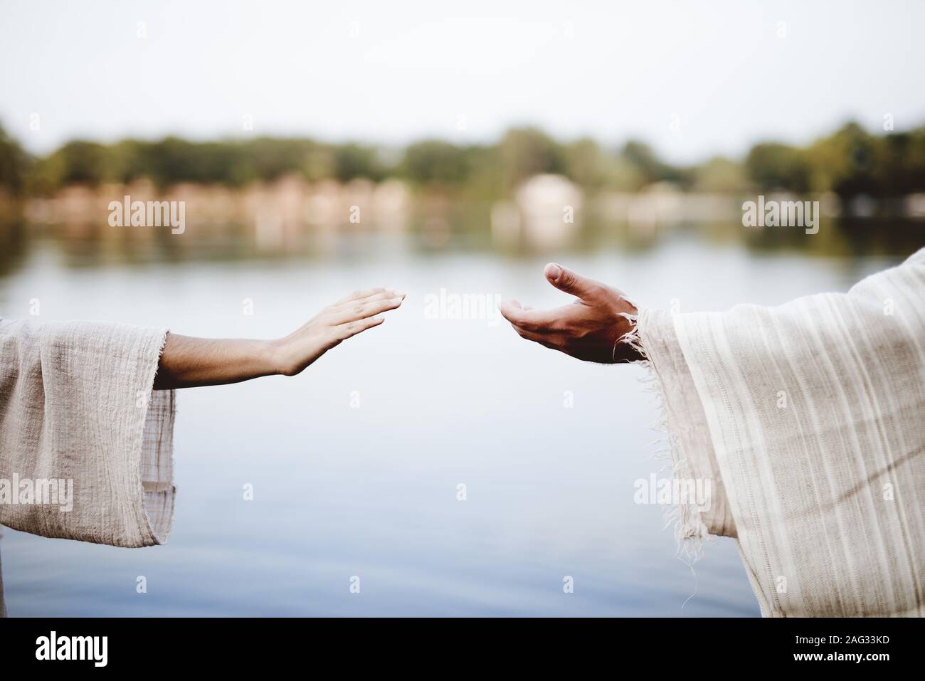 Biblical scene - of a female grabbing the hand of Jesus Chris with a ...
