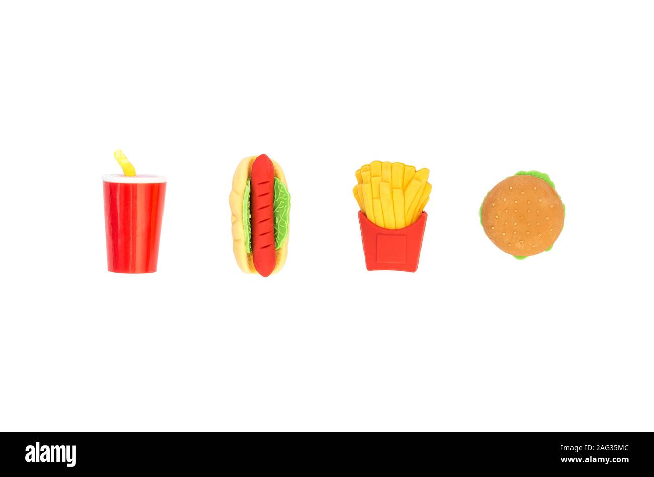 Background of varied toy fast food in miniature isolated on a white ...
