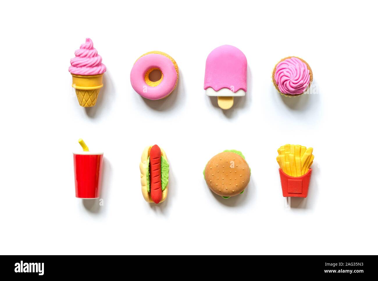 A variety of toy fast food and different sweets in miniature with ...