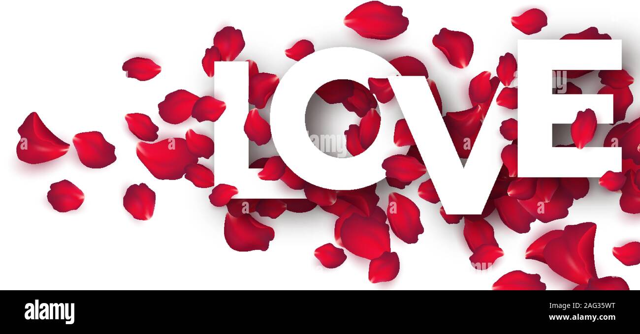 Paper cut word Love on a backdrop of rose petals. Valentine day ...