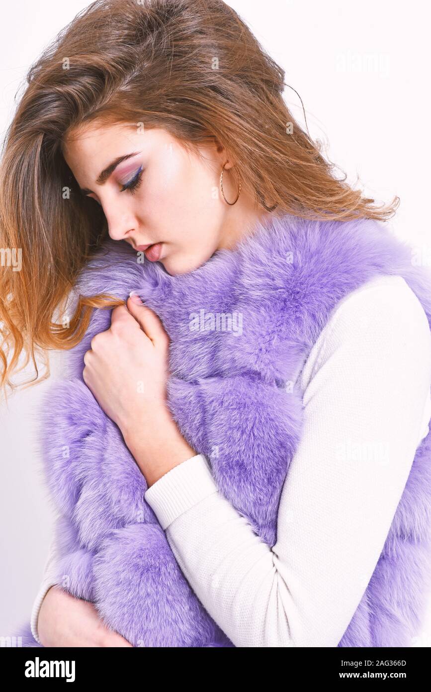 Fashion trend concept. Girl curly hairstyle enjoy soft warm violet ...