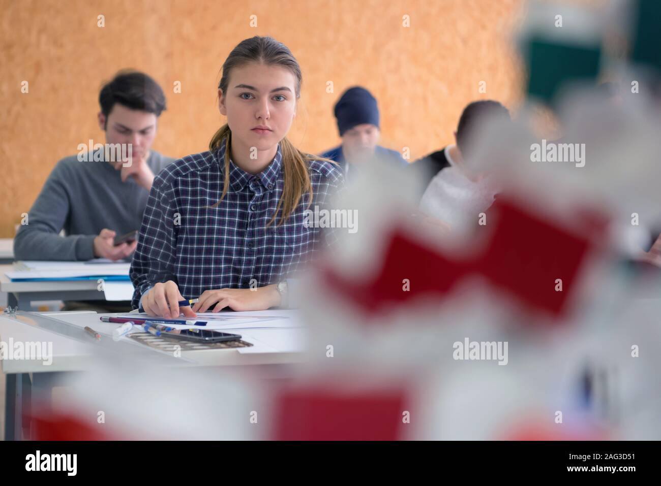 Pretty female university architecture student working on practice ...