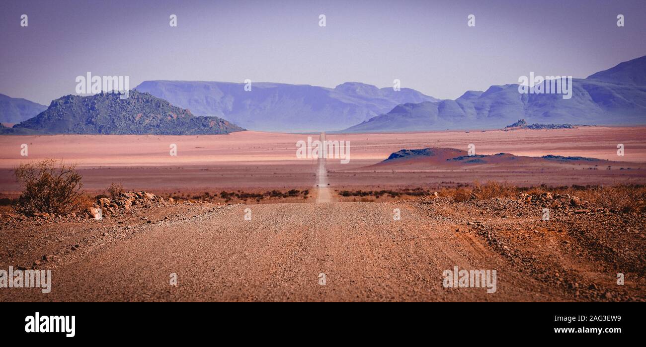 A horizontal shot of a pathway in a desert area surrounded by ...
