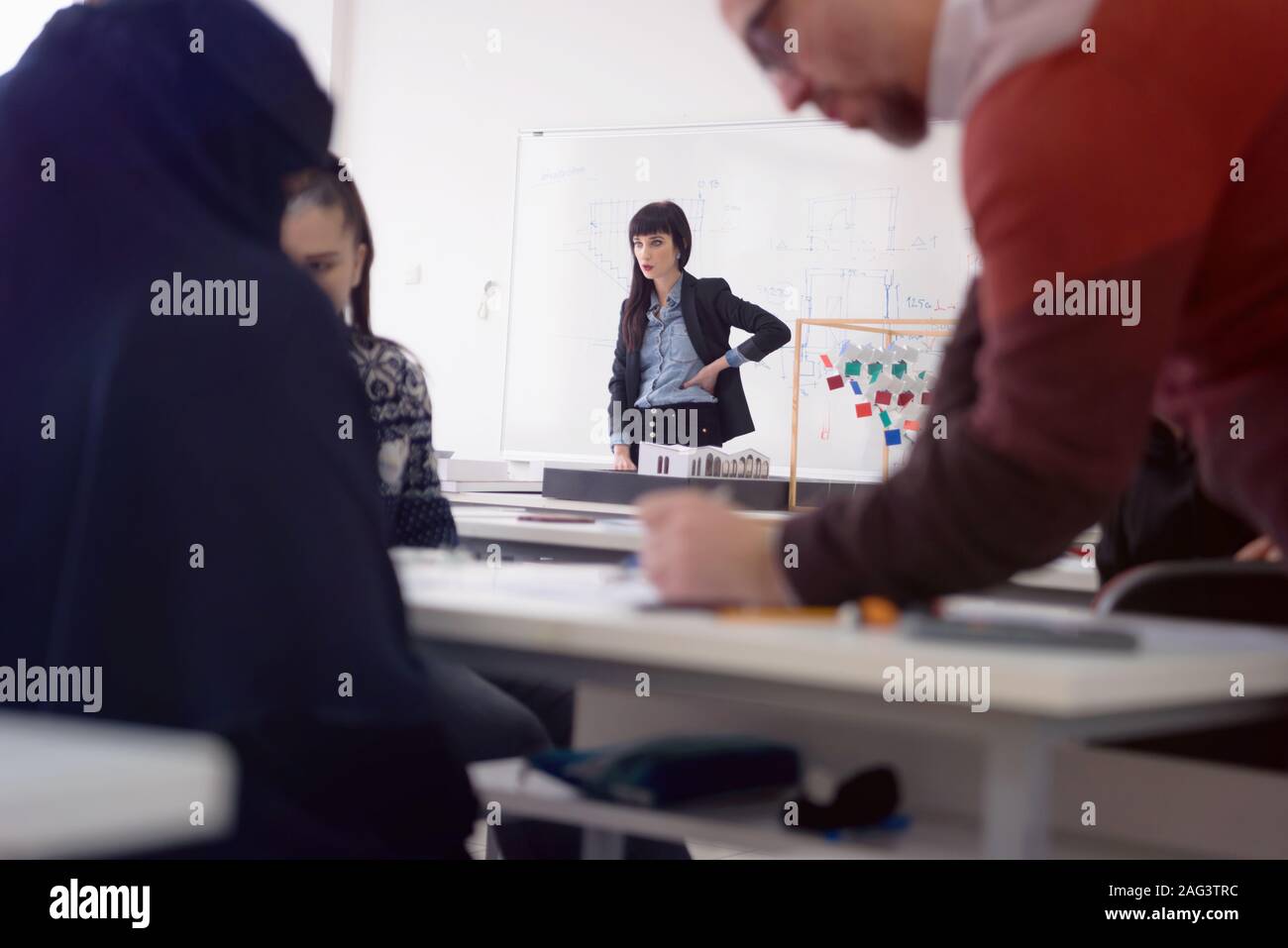 Male professor of architecture explain lesson to multiethnic students ...