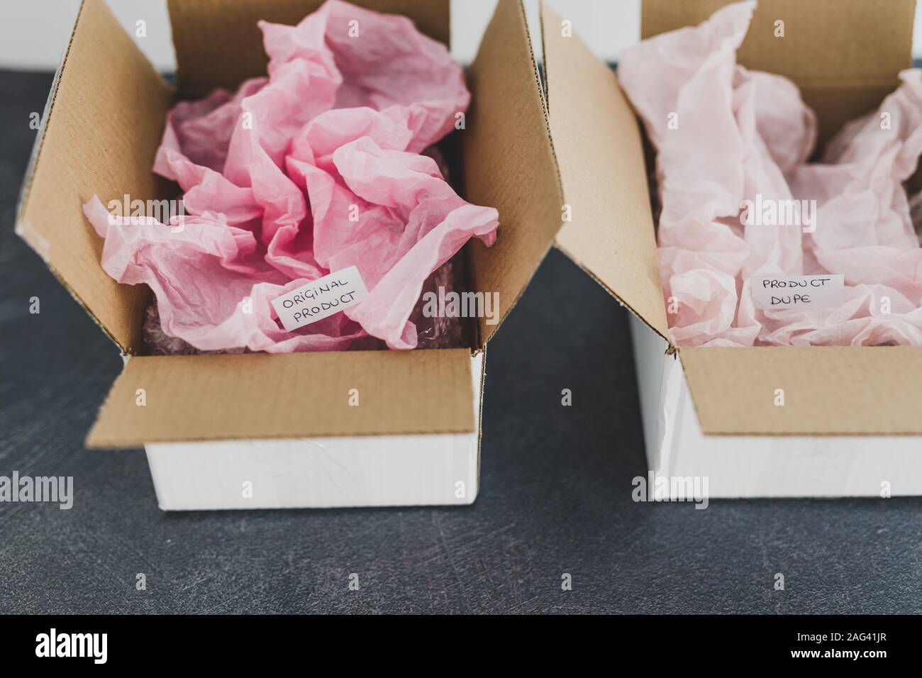 original product vs dupe imitation label inside delivery parcel boxes ...