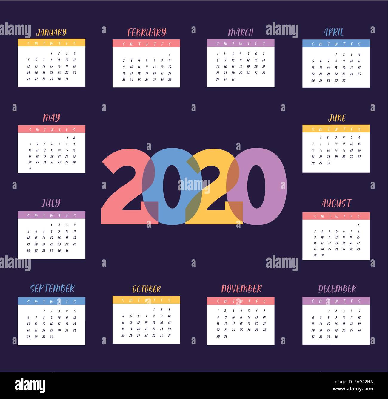blue and multicolored 2020 calendar design, Planner time event moth ...