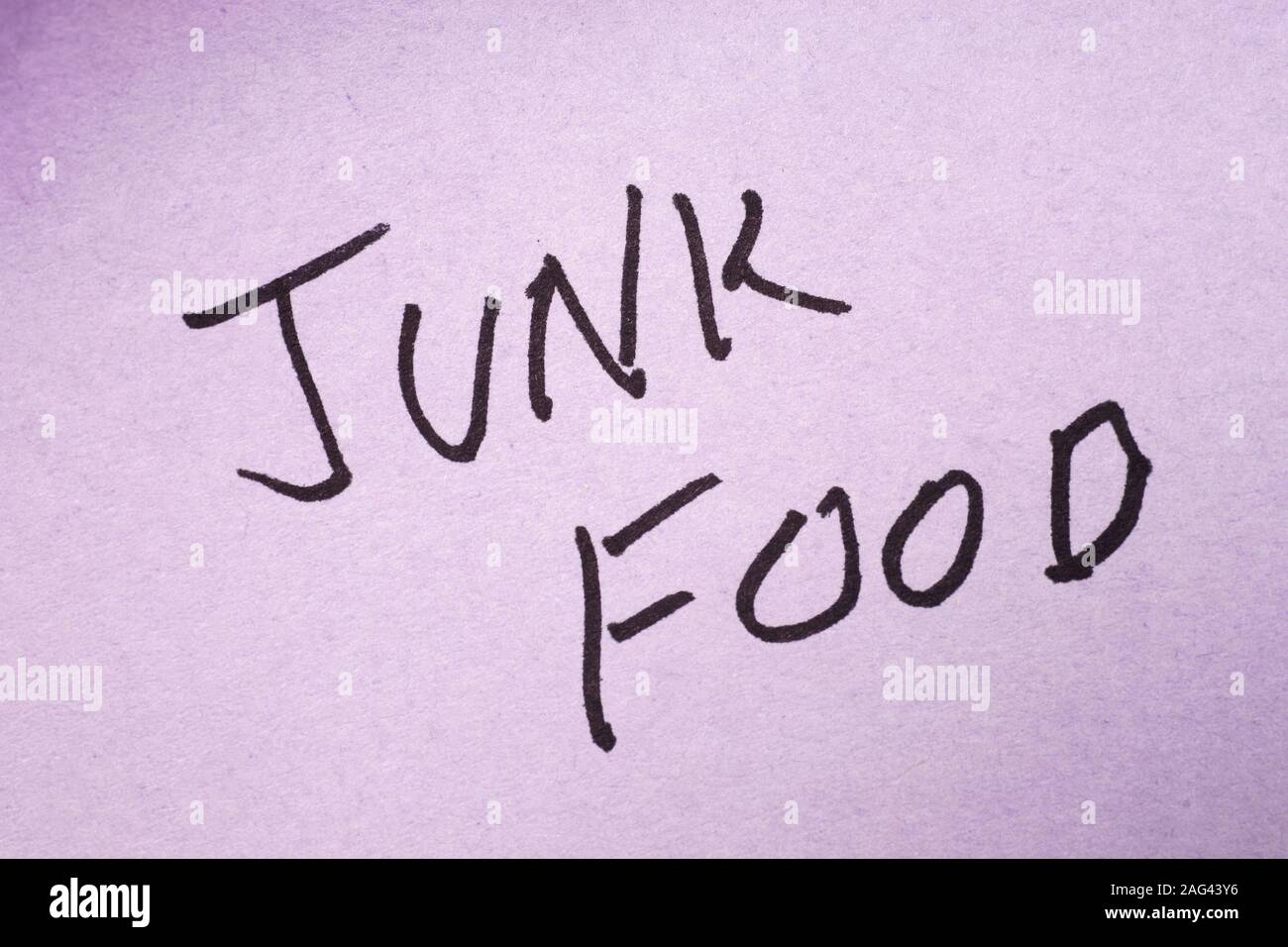 Sticky note with hand printed text about food and diet: JUNK FOOD Stock ...