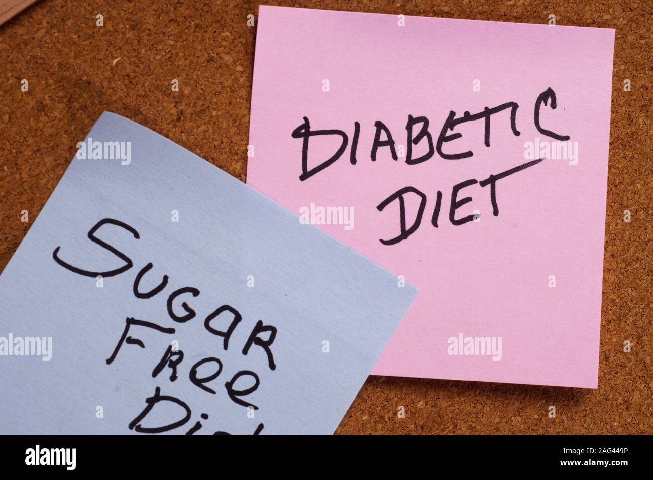 Sticky notes with hand printed text about food and diet. Two notes ...