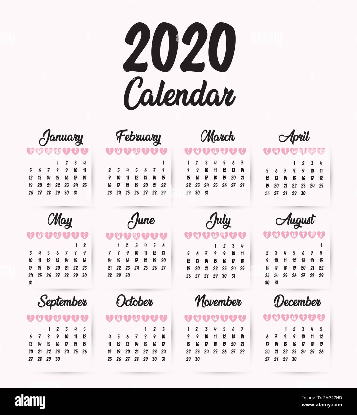 2020 calendar with hearts design, Planner time event moth date day page ...
