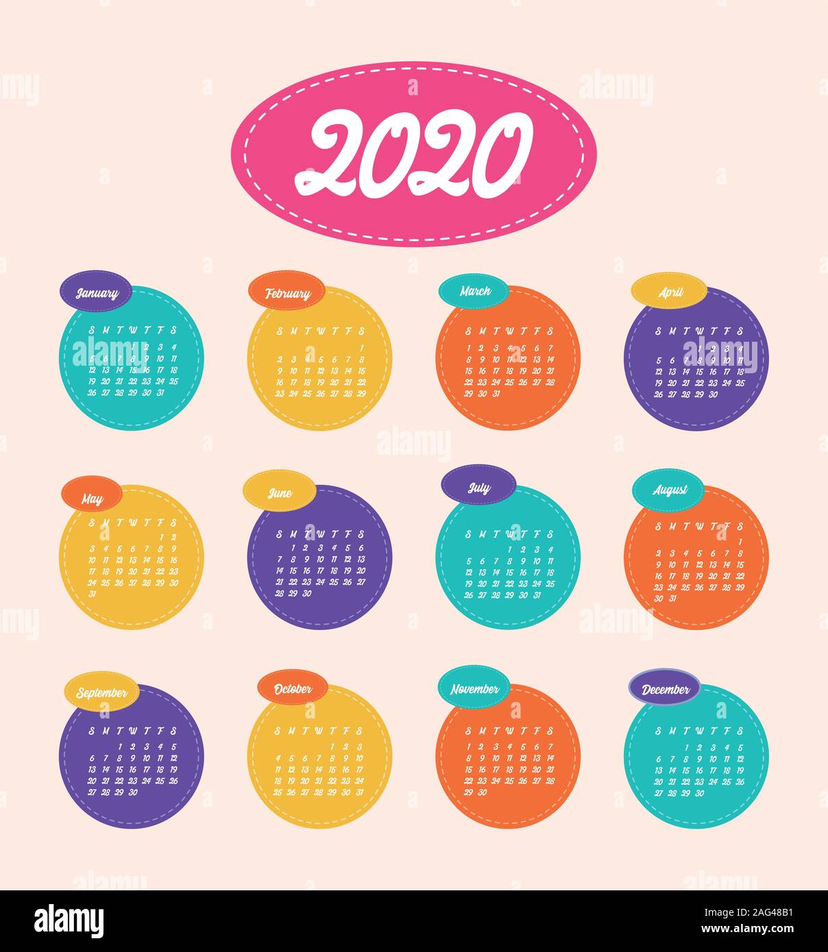 2020 calendar with circles design, Planner time event moth date day ...