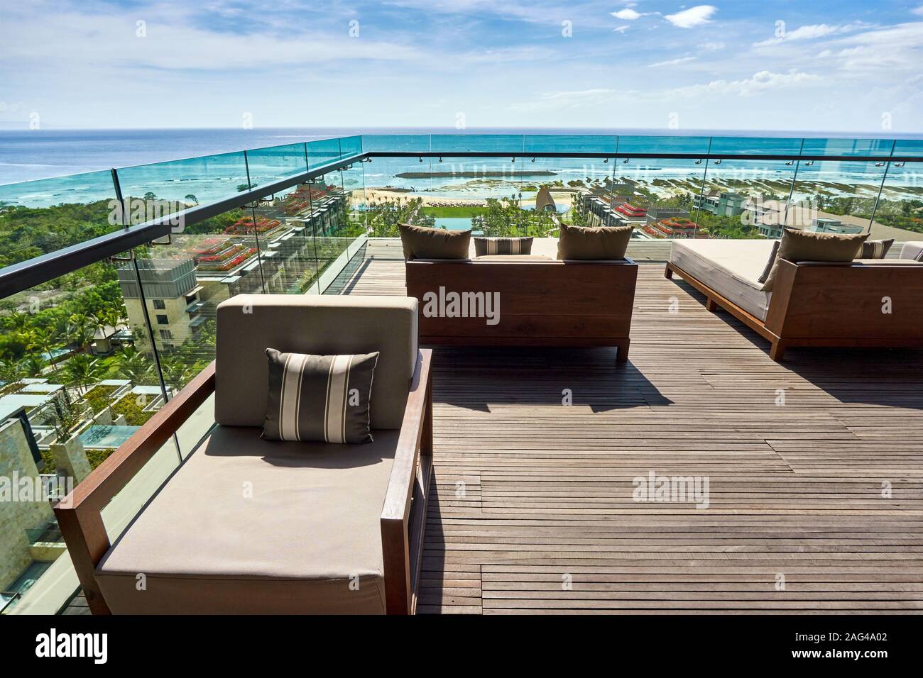 Empty terrace with a seaview of luxury hotel cafe with armchairs and ...