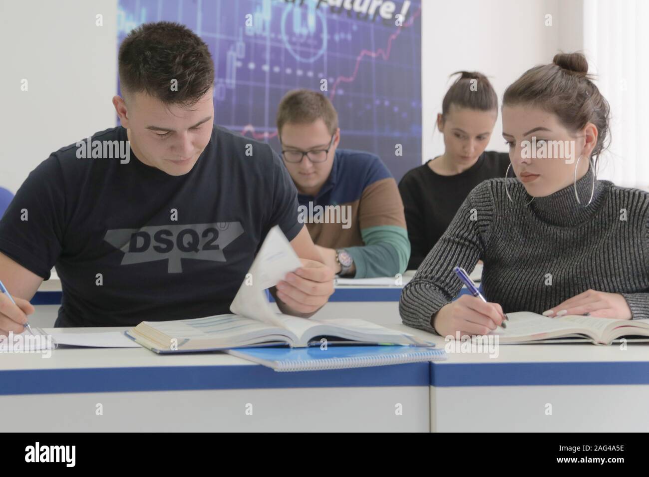 Students during the class. Resolving problems together. Team work ...