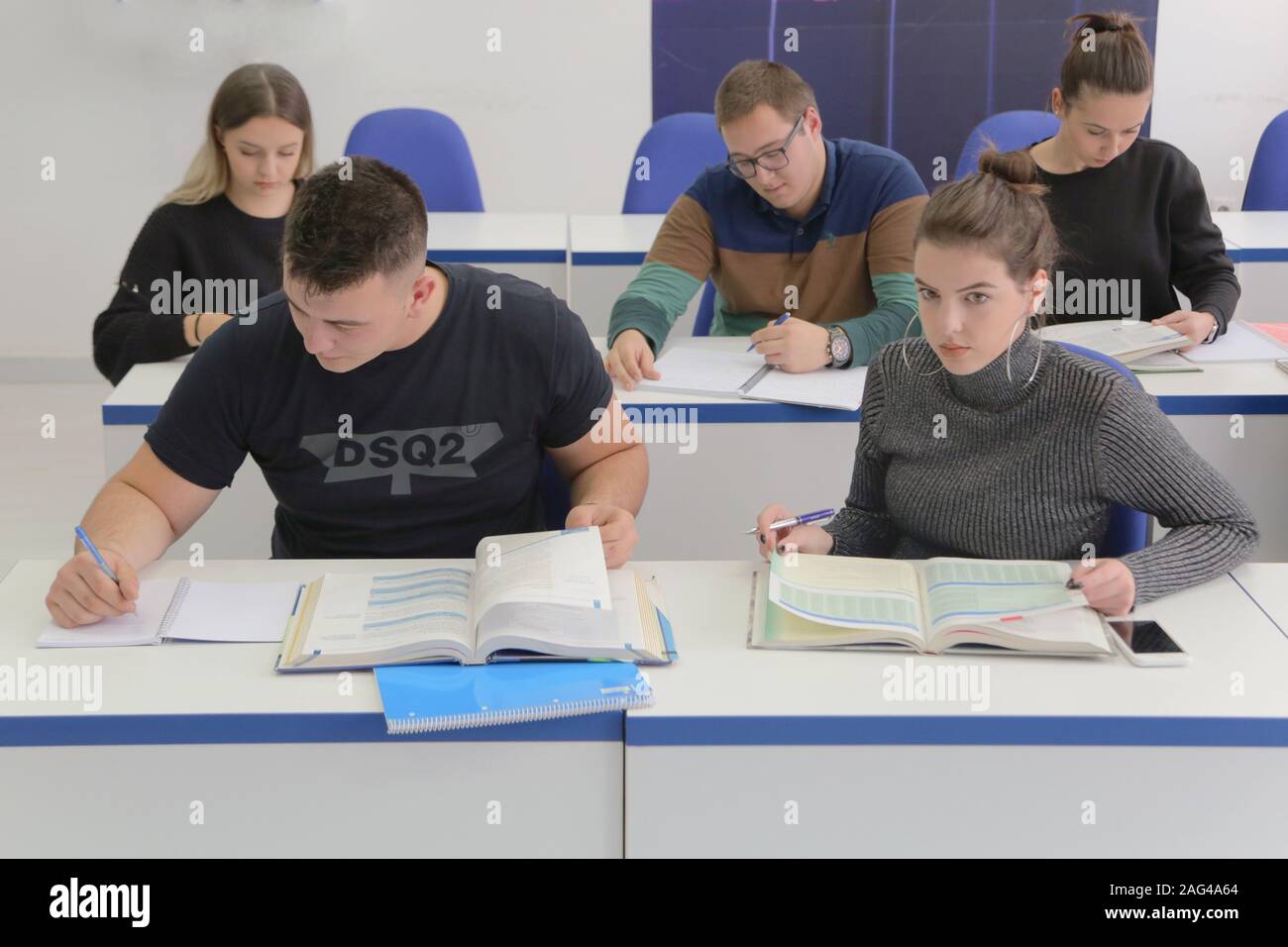 Students during the class. Resolving problems together. Team work ...