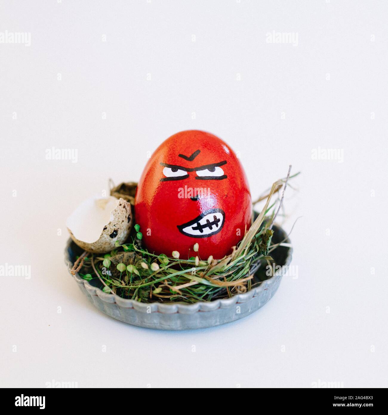 Depiction of an angry face on a red egg in a cute small plate on a ...