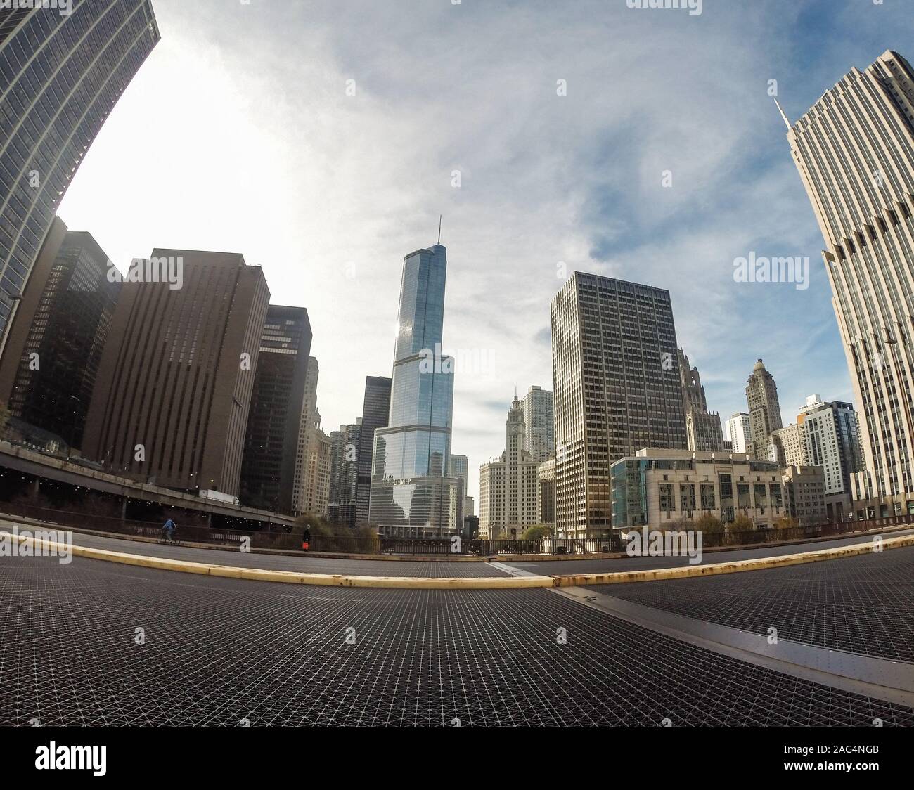 Low angle fish-eye shot of high skyscrapers in downtown Chicago under ...