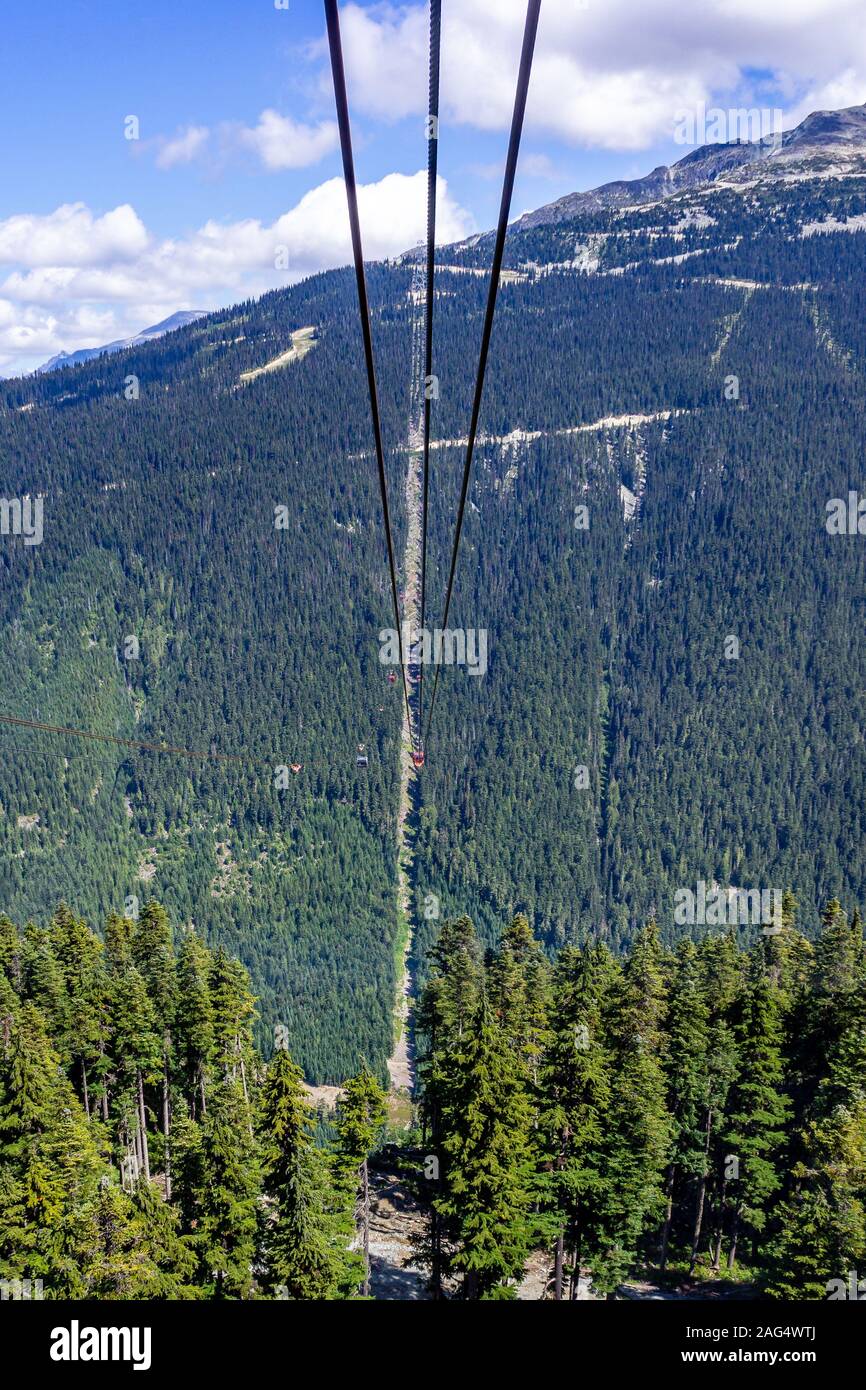 Vertical low angle shot of the rope of cable cars at the Peak Cablecar ...