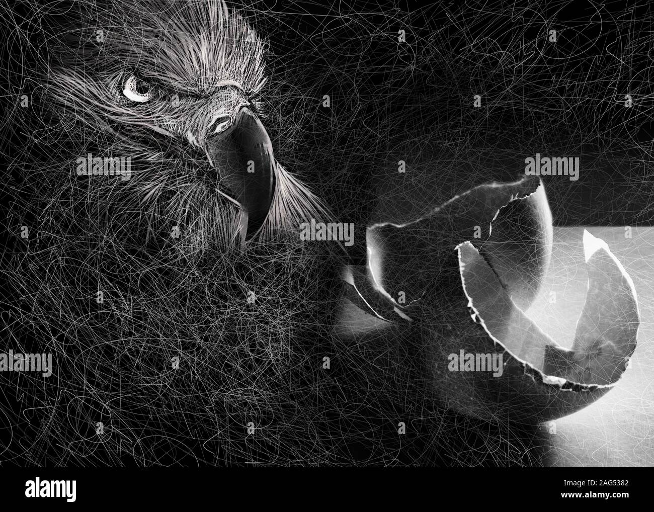 Grayscale shot of a depiction of a figure of a hawk and eggshells ...