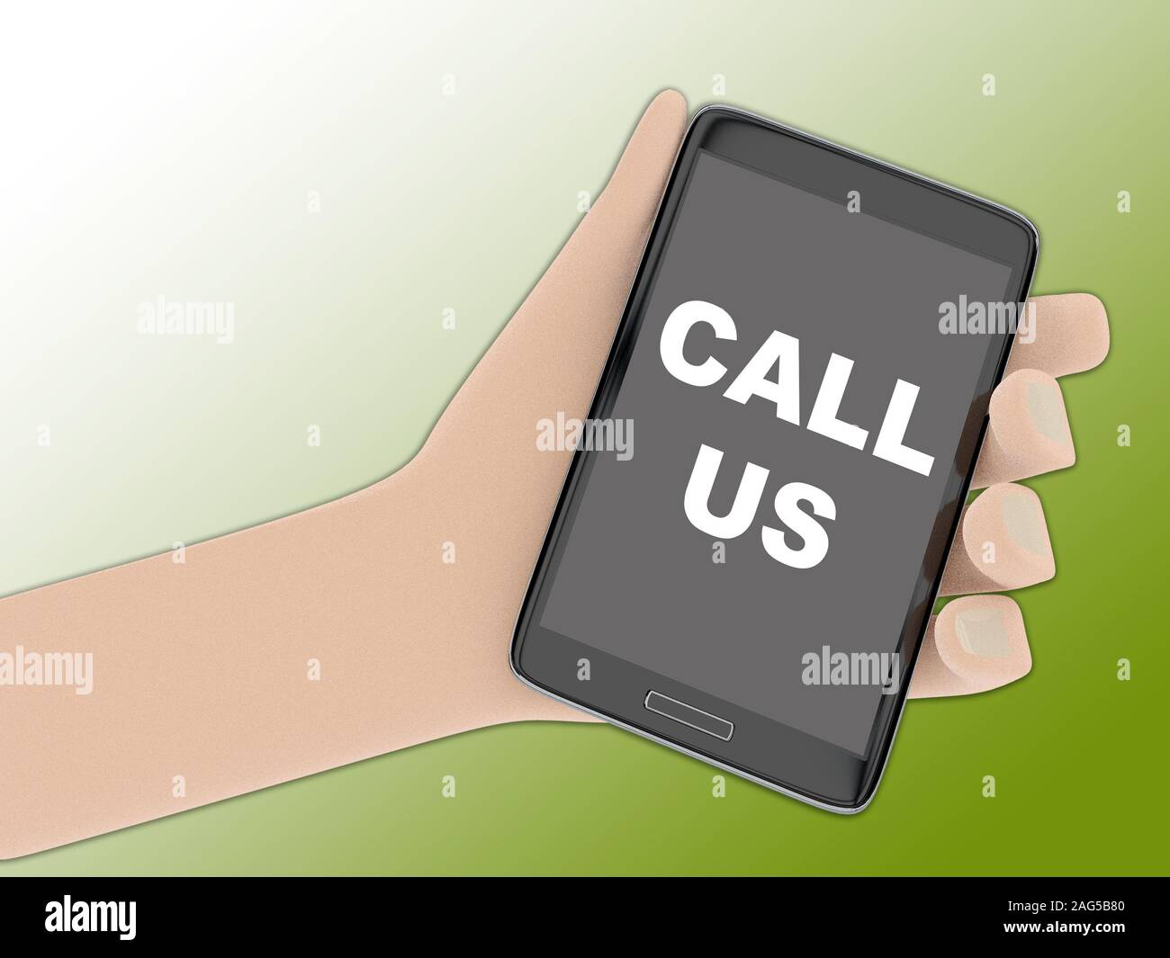 3D illustration of CALL US script on the screen of a cellulr phone held ...