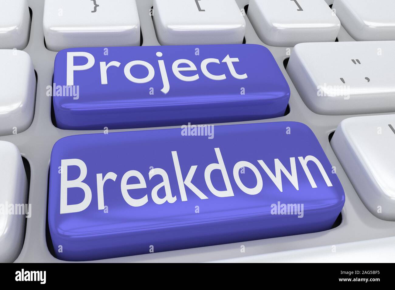 3D illustration of computer keyboard with the script Project Breakdown on two adjacent pale ...