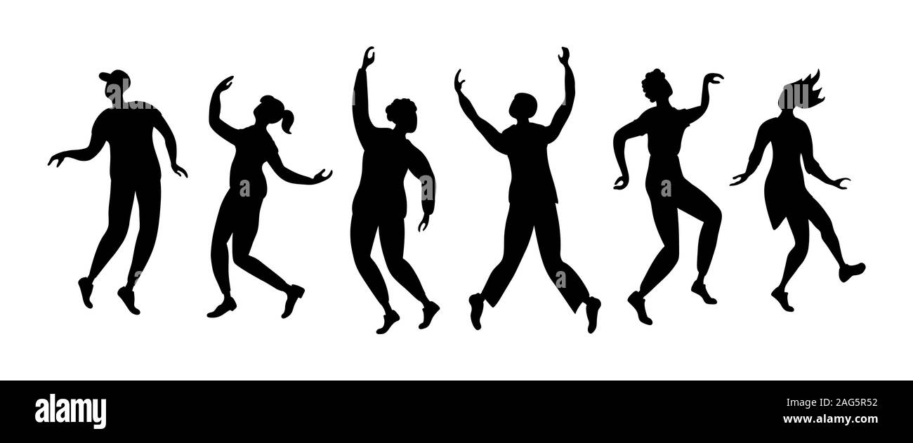 Horizontal banner with dancing people silhouettes. Set of black figures ...