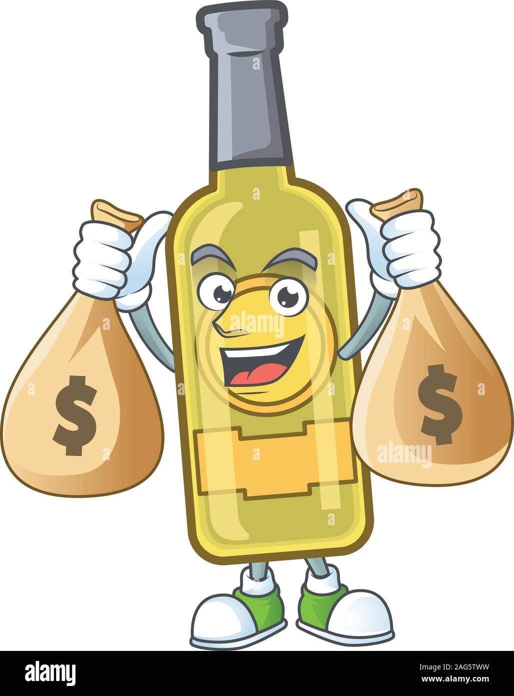 Happy champagne yellow bottle cartoon character with two money bags ...