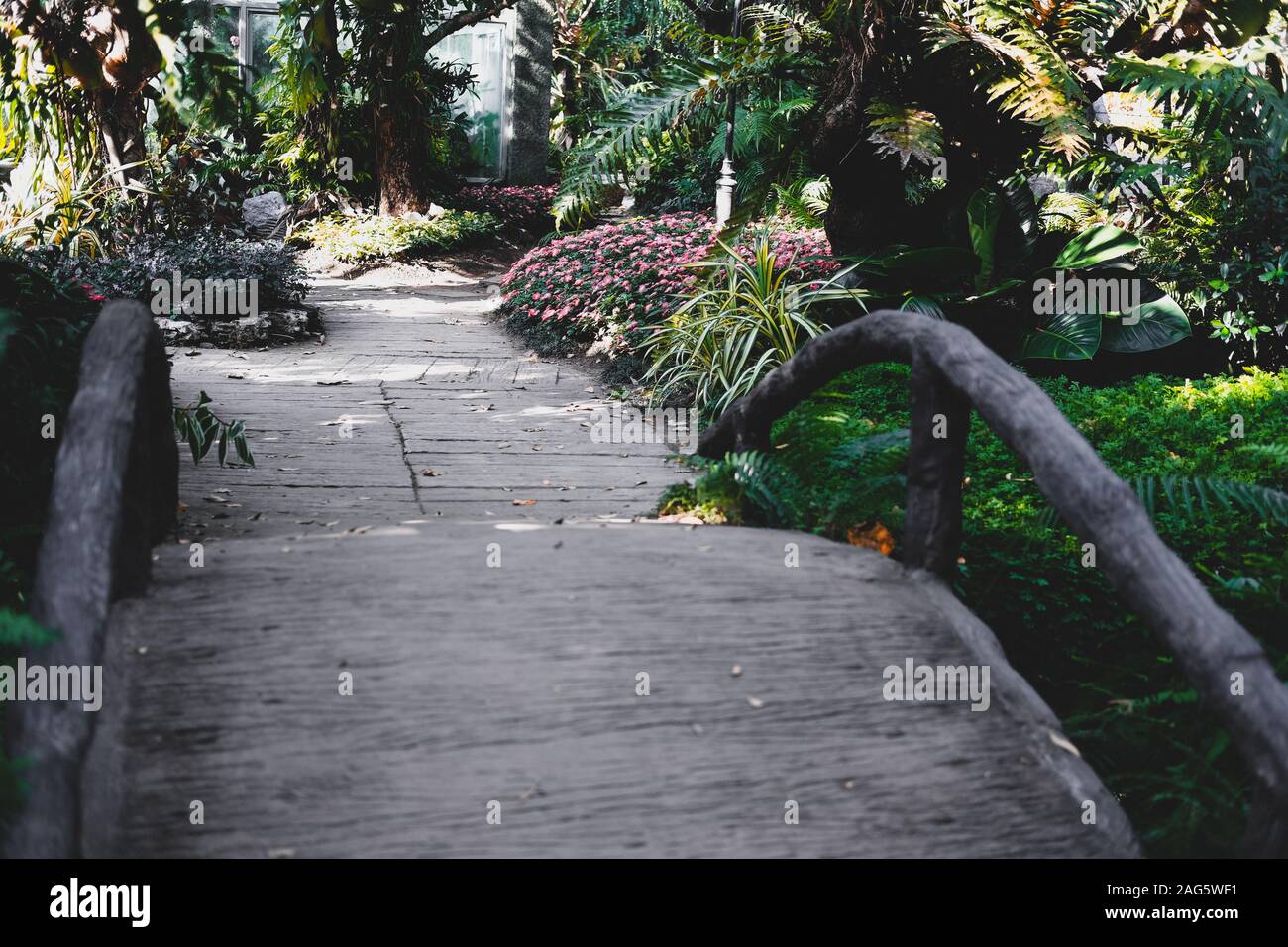 bridge footbridge walkway in tranquil garden park Stock Photo - Alamy