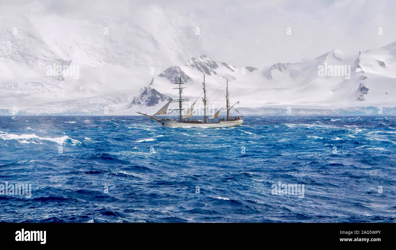Extreme sailing conditions in Antarctica, as a three masted schooner ...