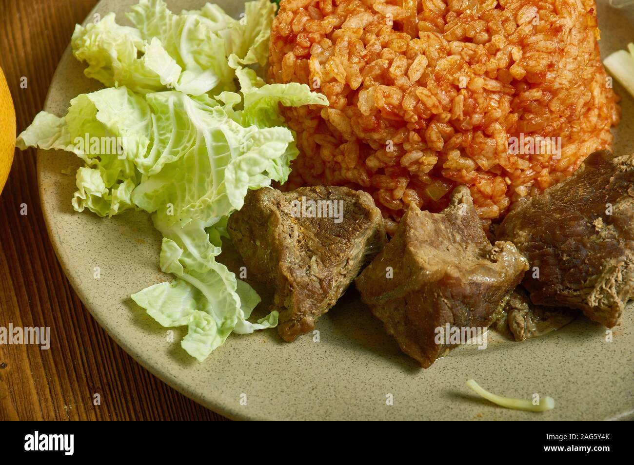 Jollof Rice Beef Kebab , Ghanaian cuisine, Traditional assorted African ...