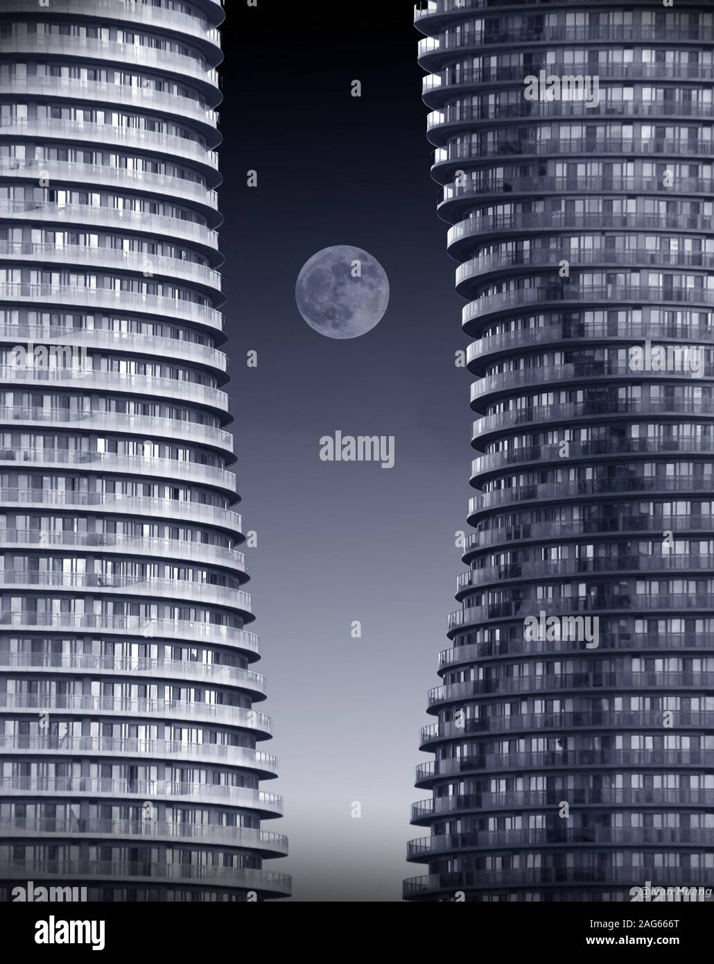 Amazing shot of two dark futuristic curvy buildings with the full ...