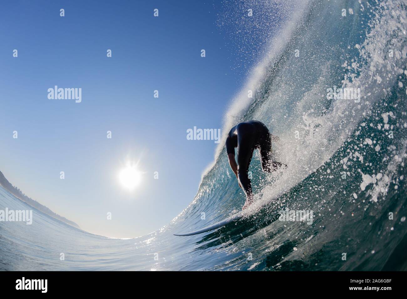 Surfing Surfer drops down vertical ocean wave ride into the morning sun ...