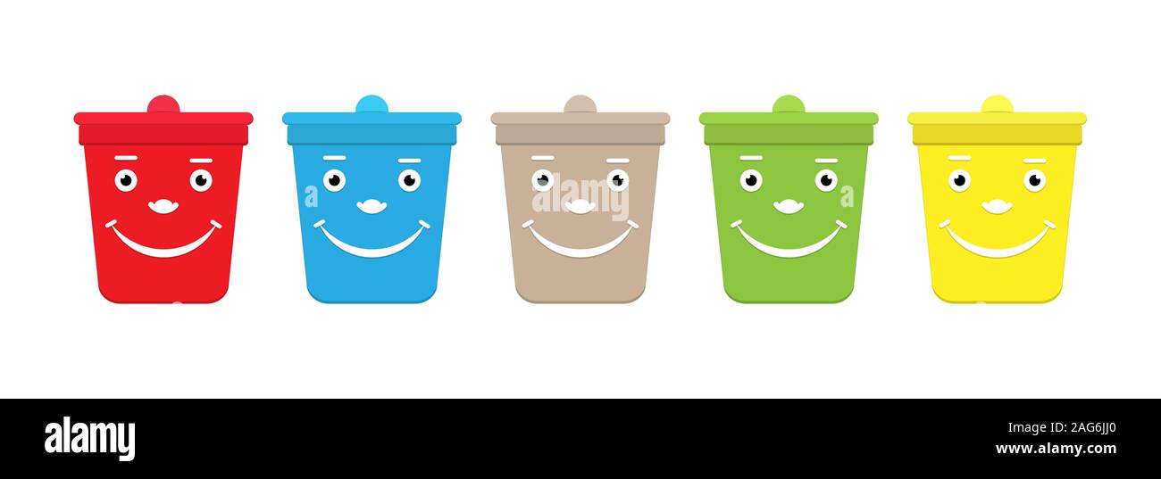 Set of colored cartoon tanks for separate waste collection. Each box is ...