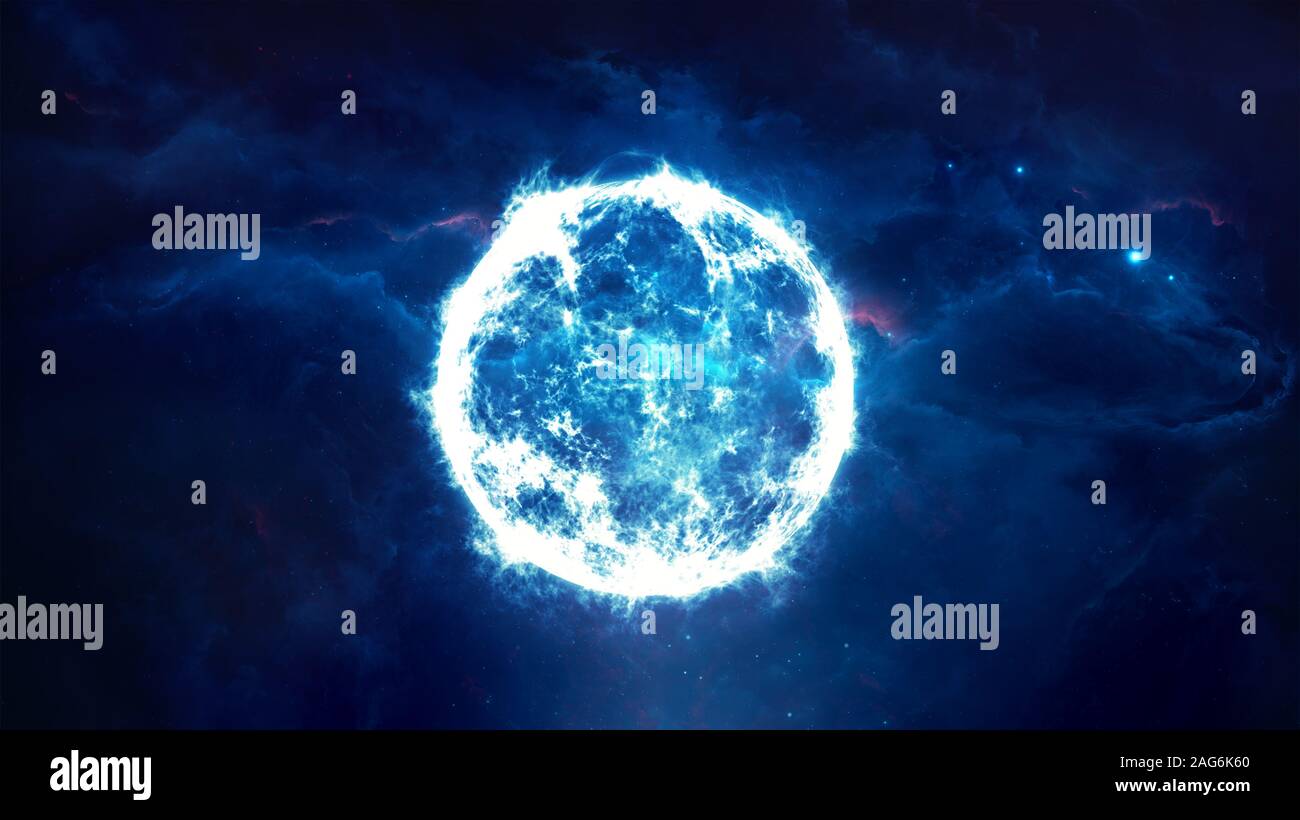 Abstract 3d rendering illustration of a blue small star going supernova ...