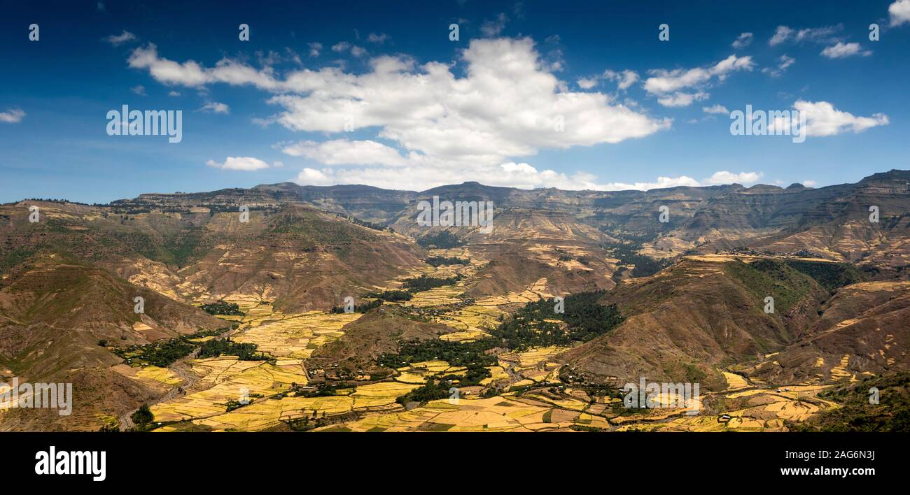 Ethiopia, Amhara, Lalibela, elevated panoramic view of farmland and ...