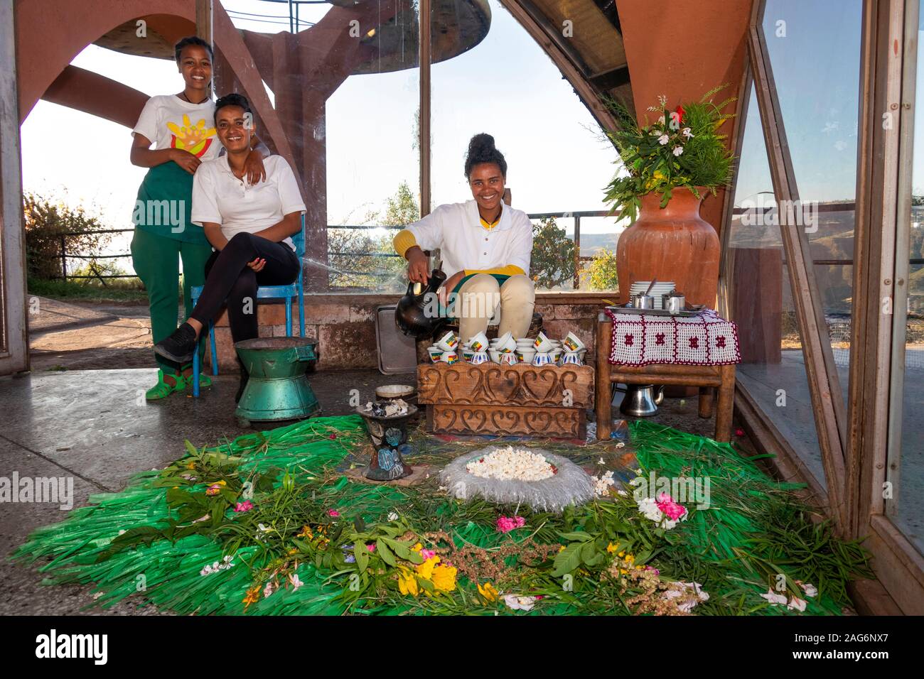 Ethiopia, Amhara, Lalibela, Ben Abeba restaurant, Buna Coffee Ceremony ...