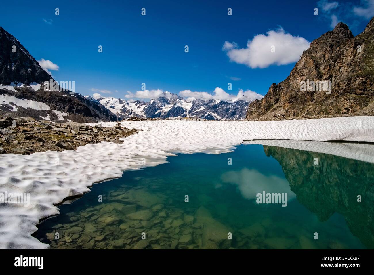 Panoramic view of snow framed lake on a high altitude plateau, the ...
