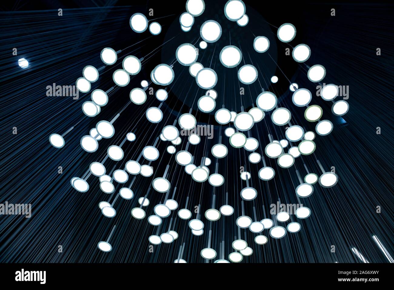 Many light bulbs that go down with their cables from the ceiling ...