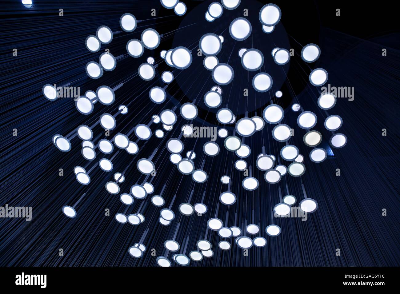 Many light bulbs that go down with their cables from the ceiling ...