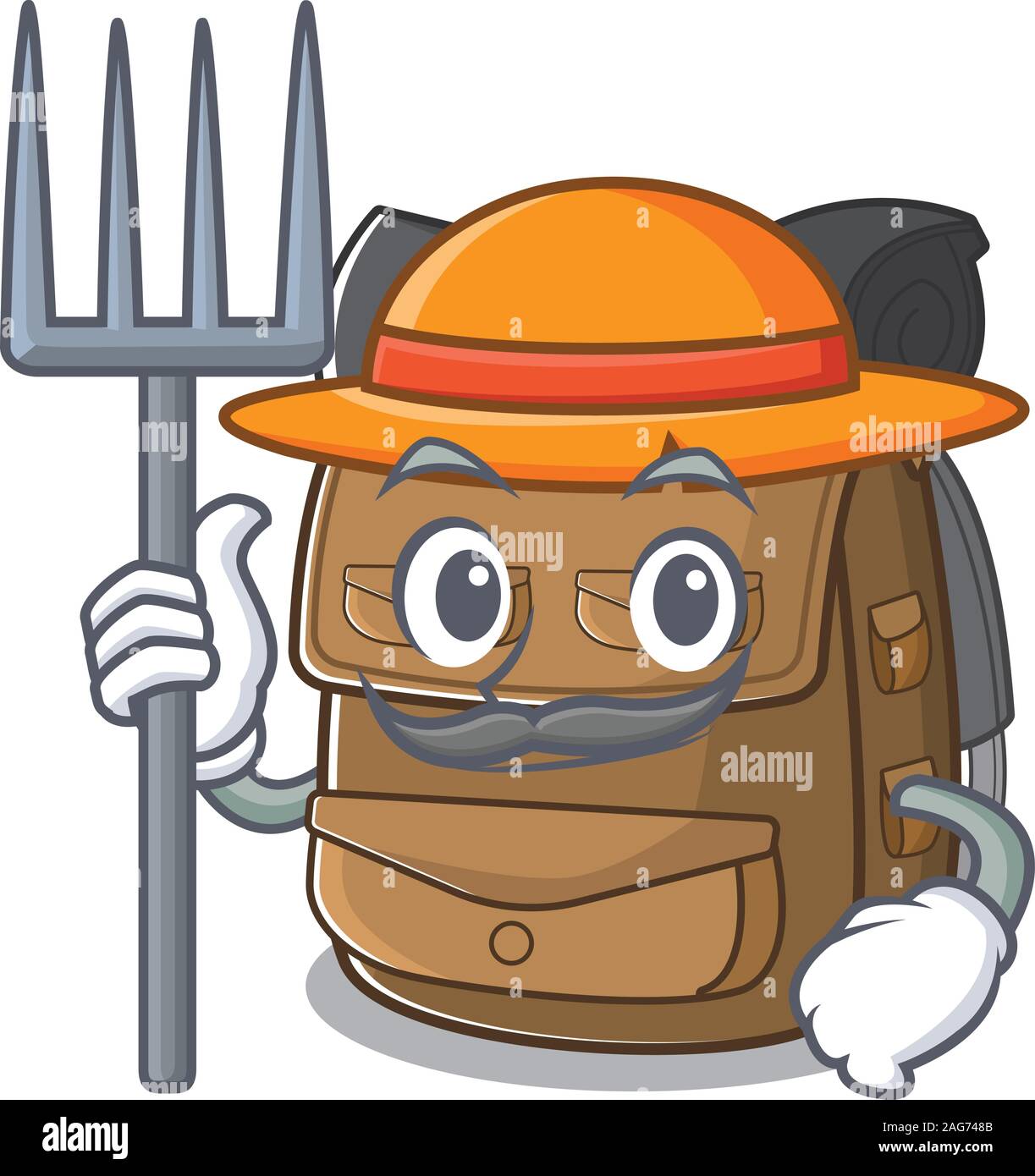 Happy Farmer hiking backpack Scroll cartoon character with hat and ...