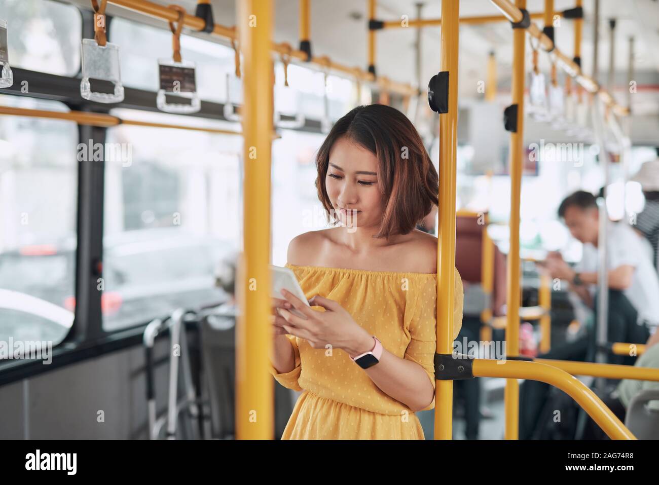 The passenger use smartphone in the bus or train, technology lifestyle ...