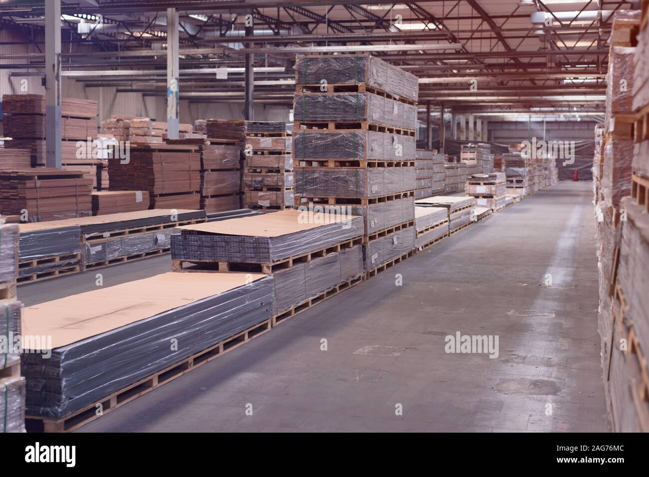 Production line of the wooden floor factory. Warehouse of boards in the ...