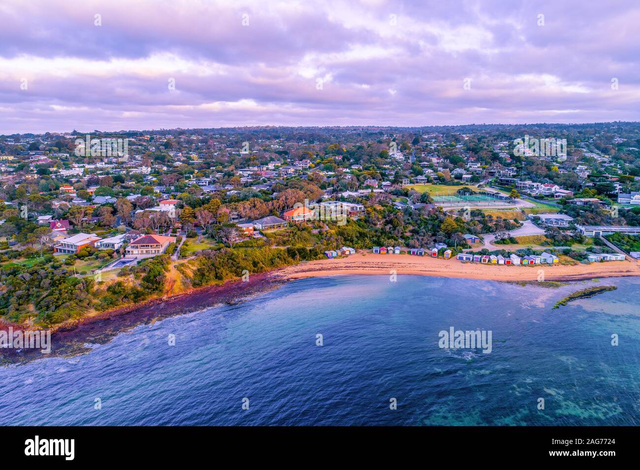 Aerial view of Mount Eliza suburb and ocean coastline at dusk Stock ...