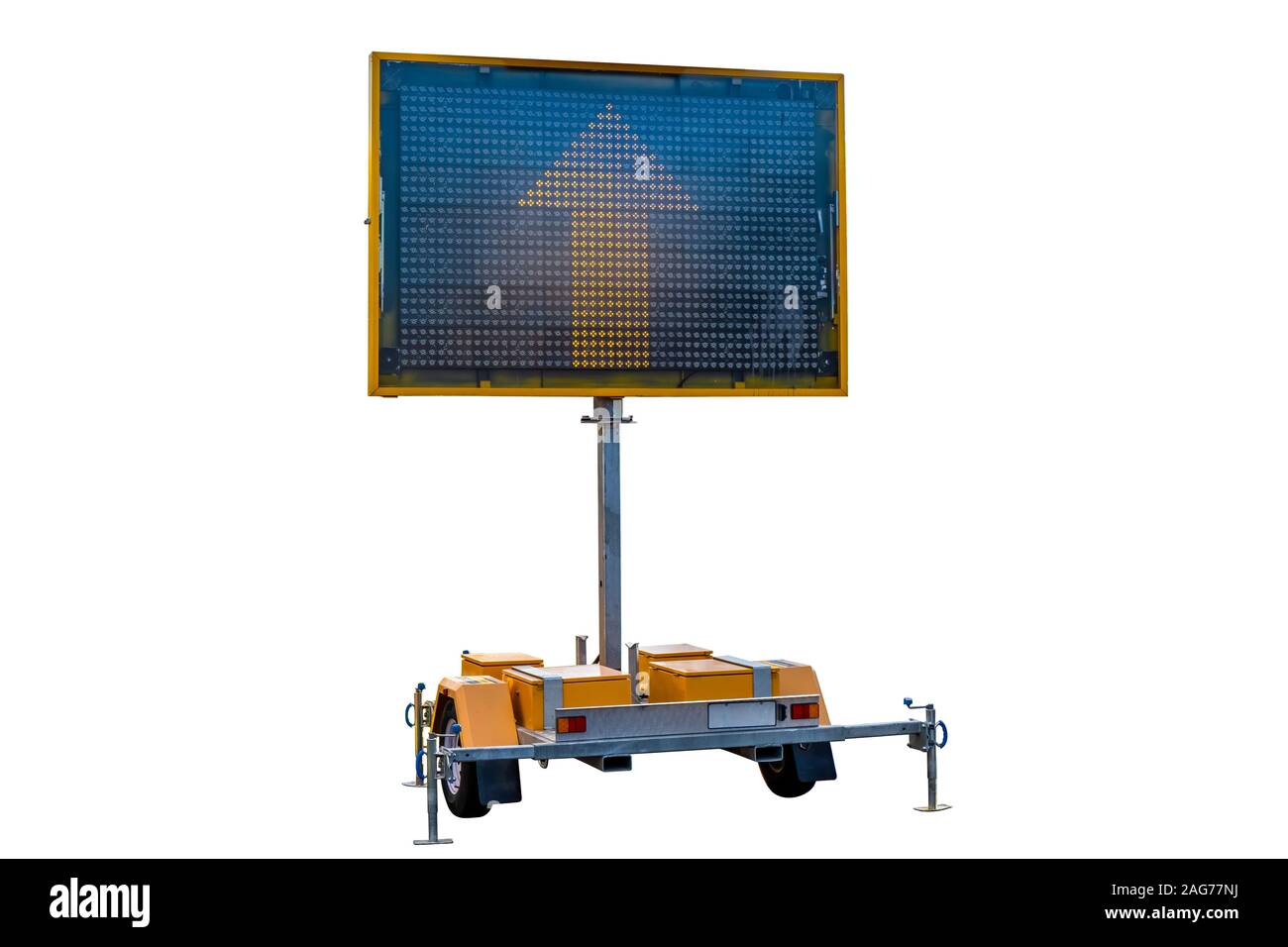 Mobile road sign displaying yellow arrow isolated on white background ...