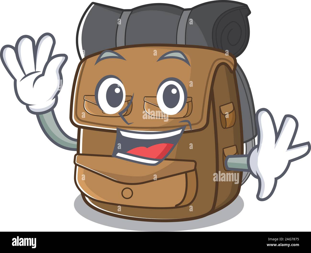 Waving cute smiley hiking backpack Scroll cartoon character design ...