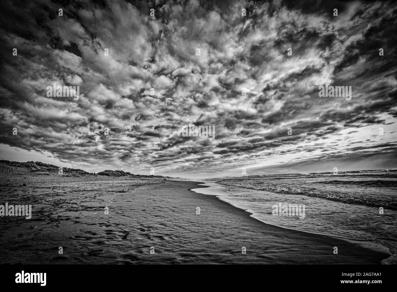 Gray scale shot of the beach and the sea under the magnificent cloudy ...