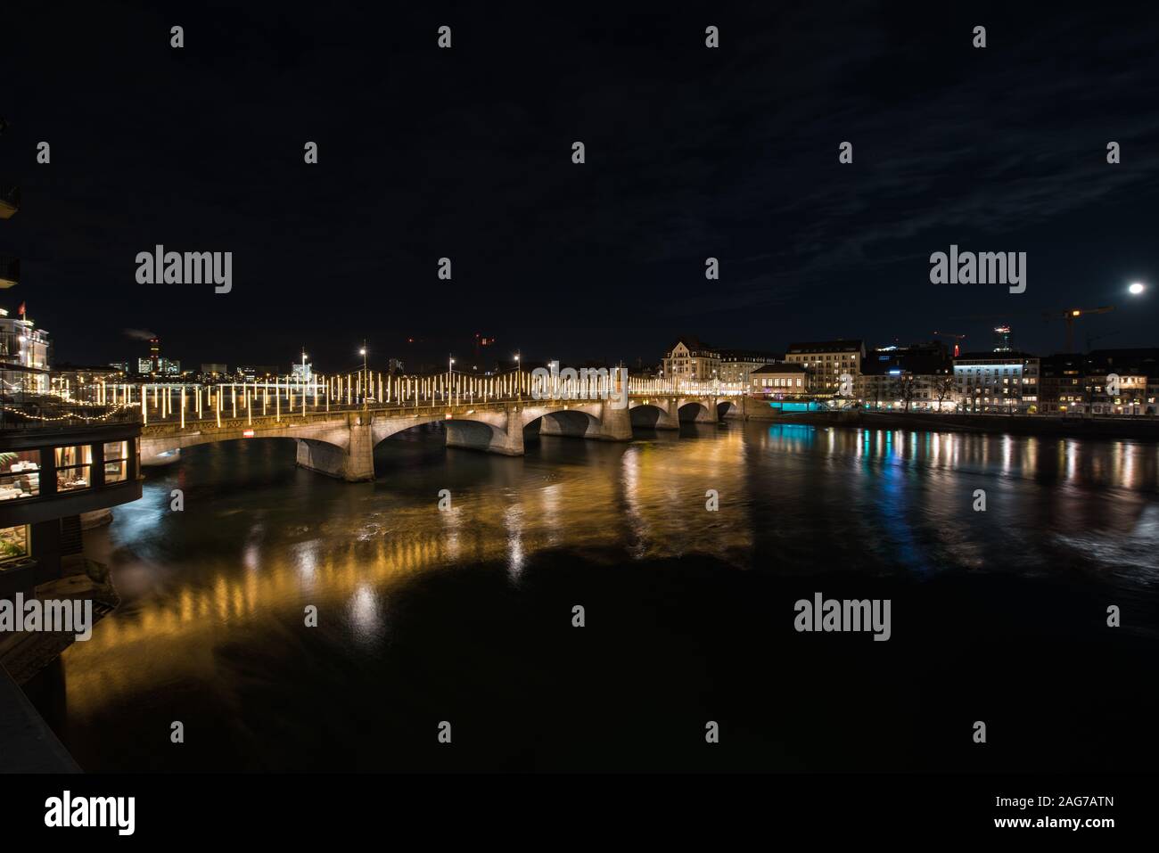 Basel switzerland at rhine river with the middle bridge at night Stock ...